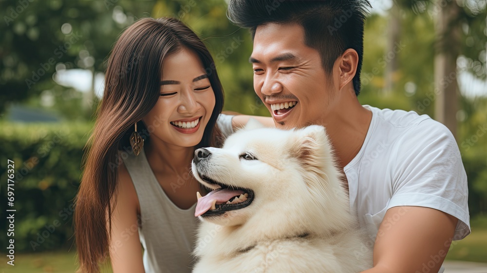Couple spending time with pets in a park or at home. Capture the joy ...