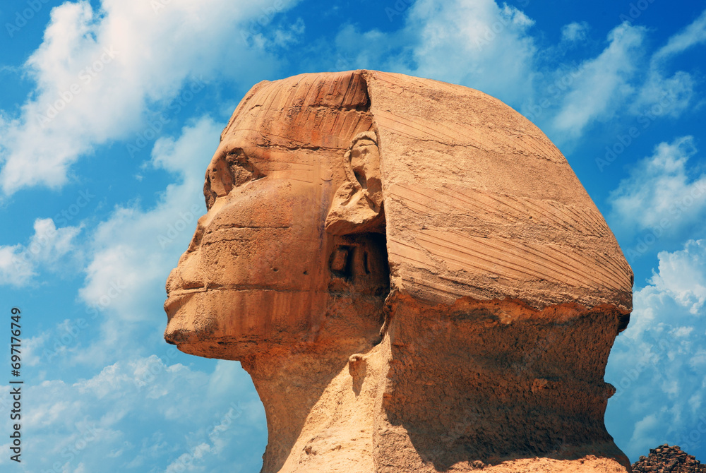 Landscape with Egyptian pyramids, Great Sphinx and silhouettes Ancient ...