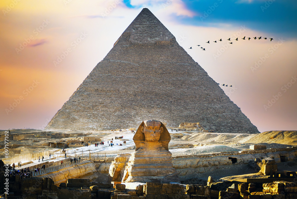Landscape with Egyptian pyramids, Great Sphinx and silhouettes Ancient ...