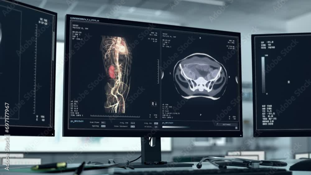 X-ray scanner examining the sick hospital patients body for disease ...