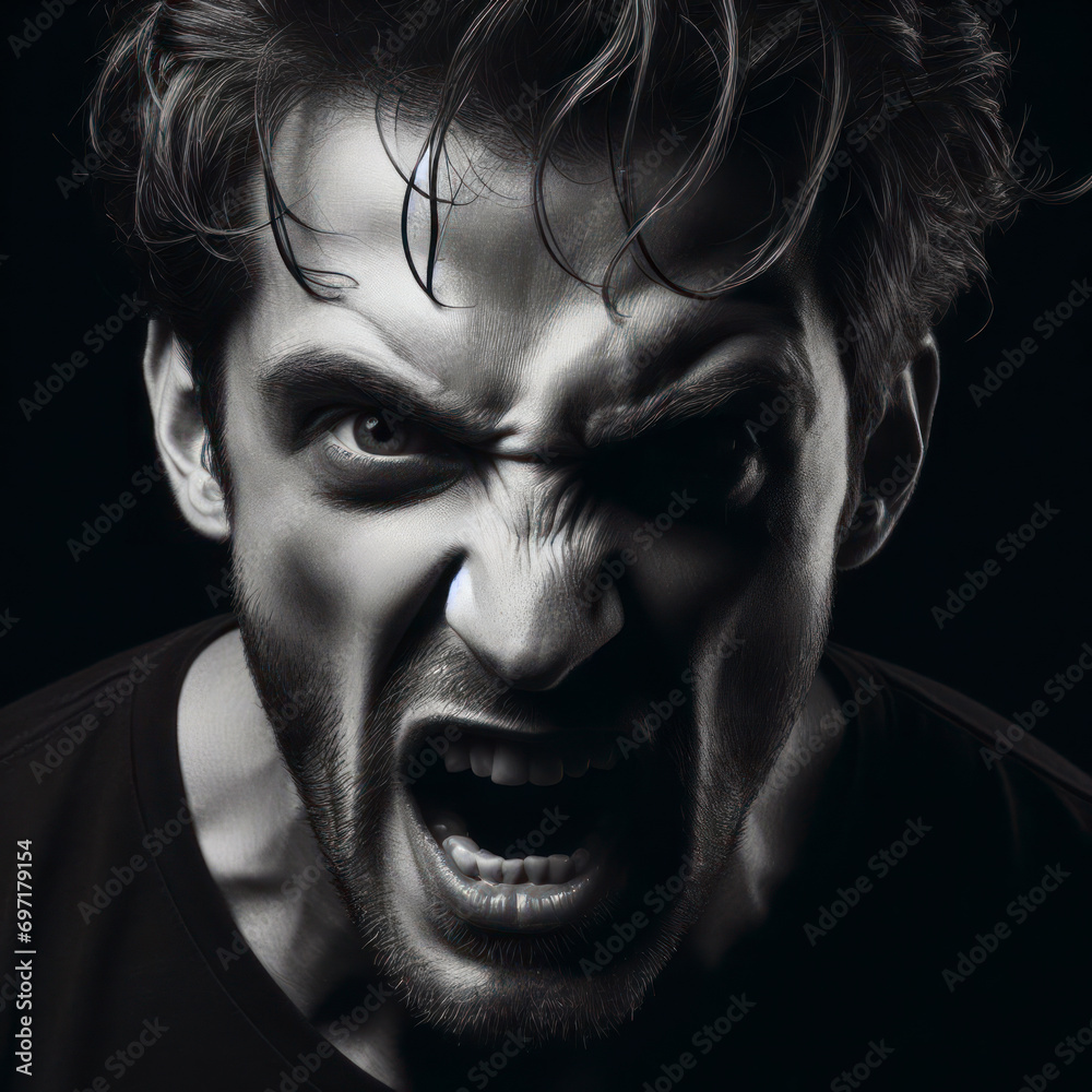 Furious angry violent man on solid black background. ai generative ...