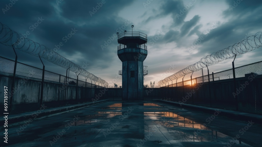Photo & Art Print Wide-angle new modern prison watchtower with fence ...