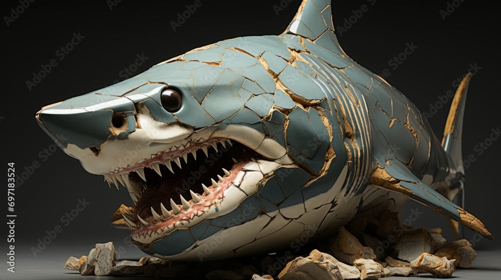Shark in kintsugi style. An animal sculpture made from broken fragments ...