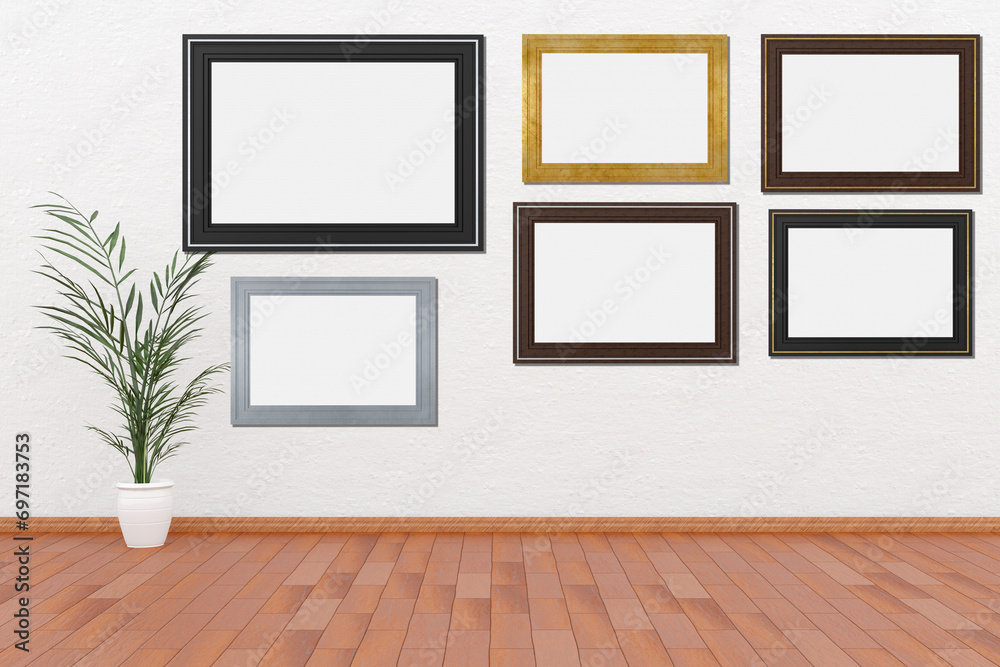 Cornici, quadri vuoti in mostra su muro bianco. Cinque cornici con ...