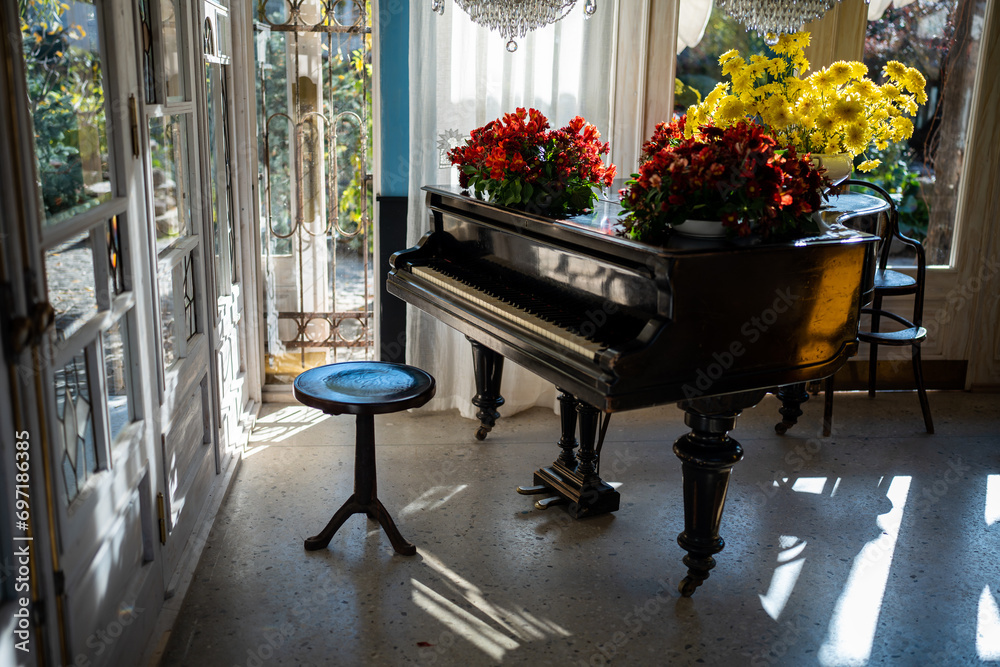 Vintage interior of classic style music room with grand piano, big ...