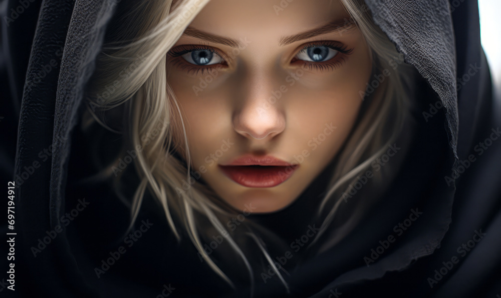 Mysterious woman with pale skin and white hair, enshrouded in dark ...