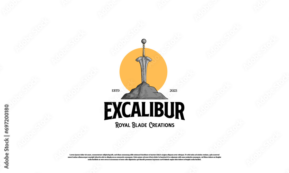 Sword and stone logo design inspiration, Vintage hand drawn excalibur ...