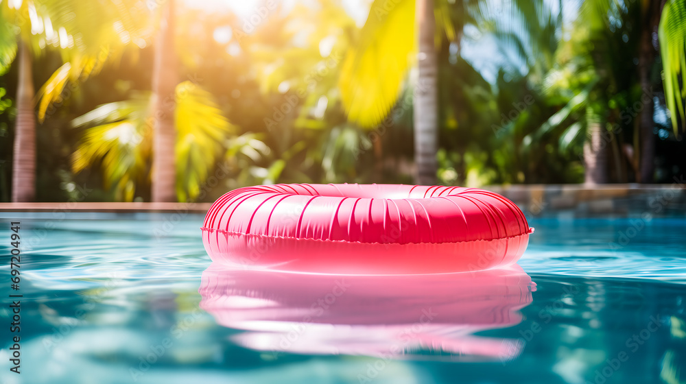 Gros plan sur une bouée dans une piscine avec des palmiers en arrière ...