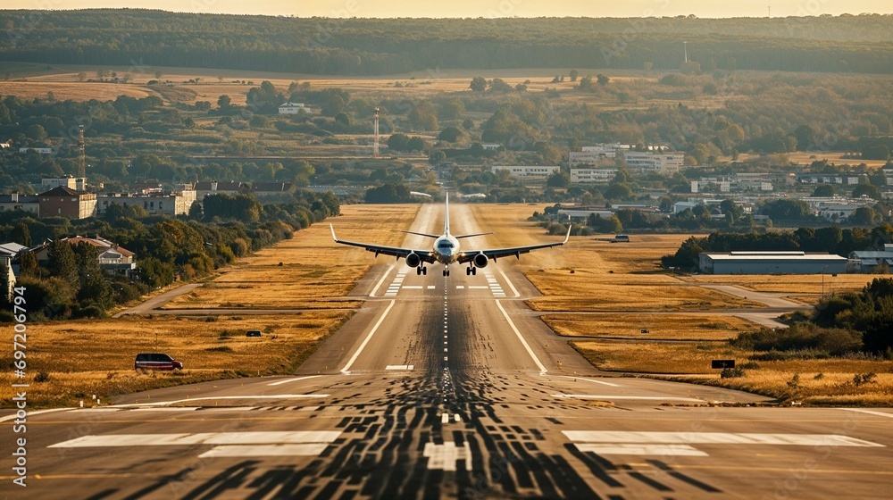 vu depuis le bout de la piste d'un aéroport, un avion de ligne est en ...