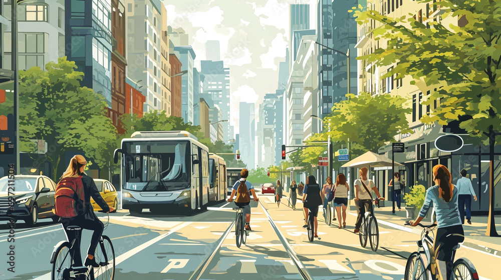 Eco-friendly Transportation: A bustling city street with electric buses ...