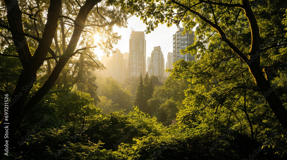 Clean Air Retreat: A city skyline seen through the branches of a ...