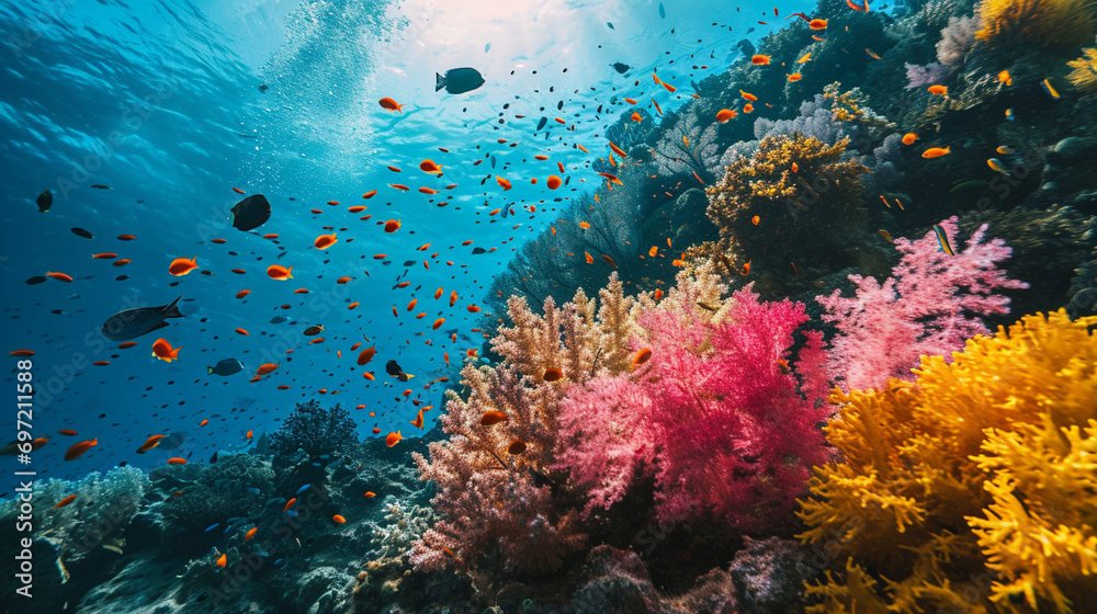 Protected Marine Sanctuary: Underwater shot of a vibrant coral reef ...