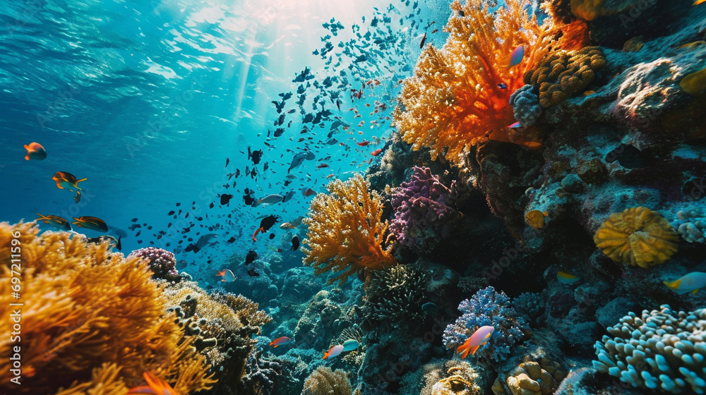Protected Marine Sanctuary: Underwater shot of a vibrant coral reef ...