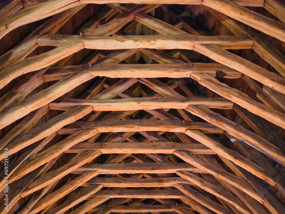 Scissor-braced trusses in the medieval roof of the Masons' Loft on the ...