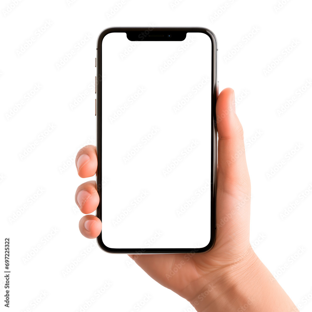 Hand holding a mobile phone with transparent display isolated on ...