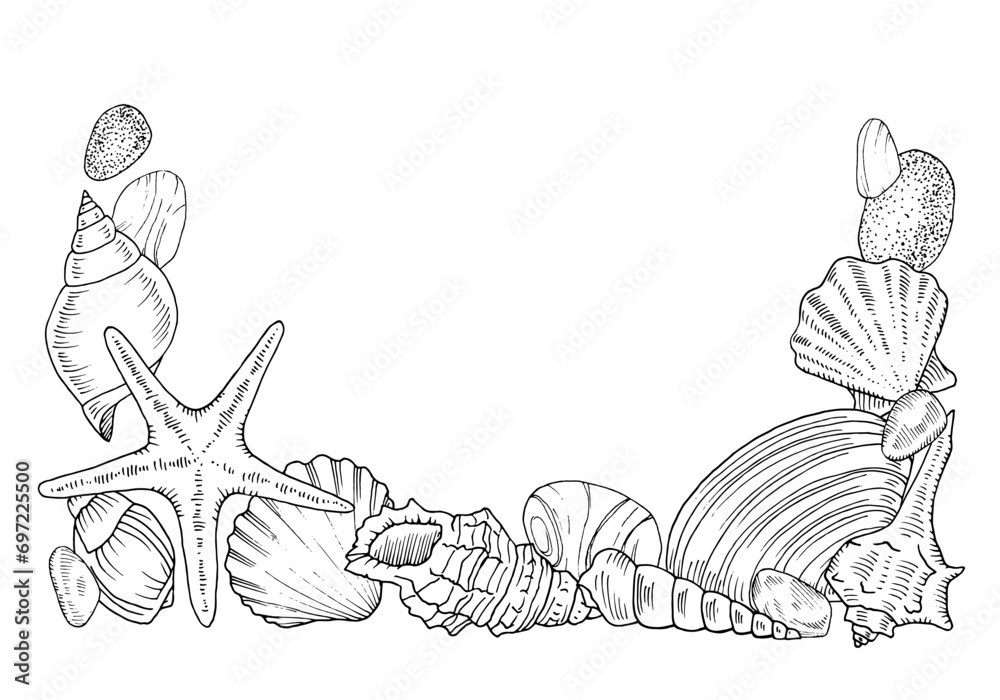 Sea bottom Frame border. Vector outline illustration of seashell and ...