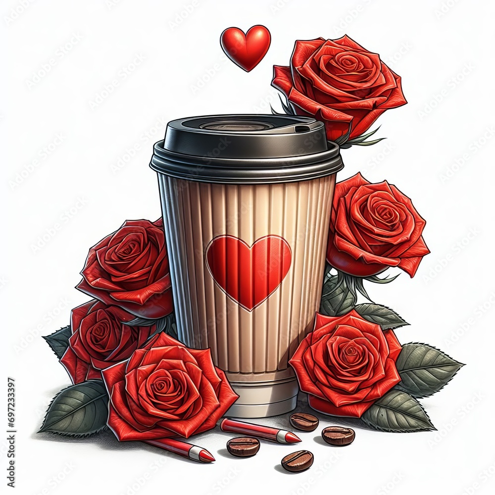 Paper cup of coffee with red heart and red roses, hand draw ...