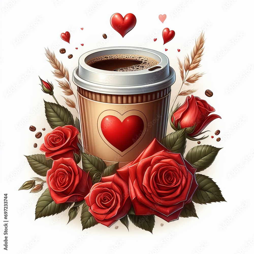 Paper cup of coffee with red heart and red roses, hand draw ...