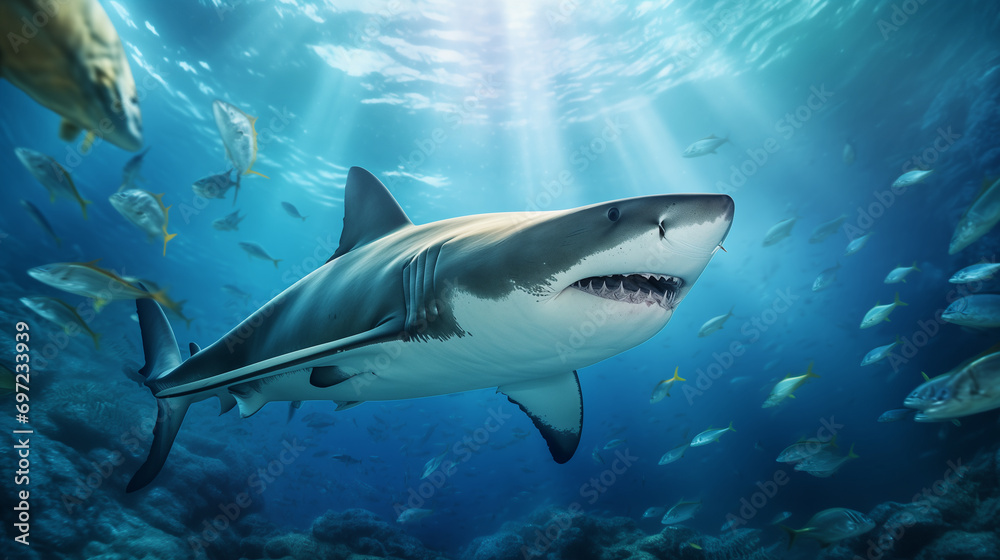 An aggressive shark, its jaws wide open in a close-up view, capturing ...