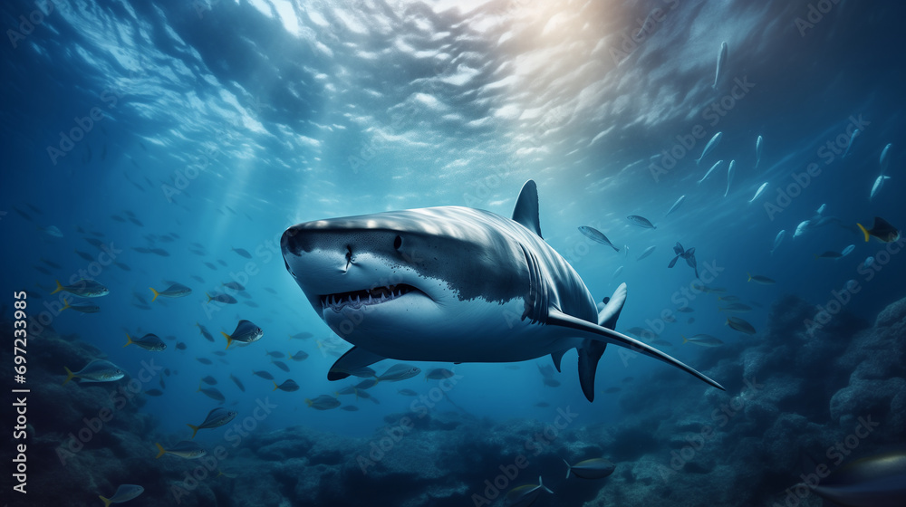 An aggressive shark, its jaws wide open in a close-up view, capturing ...