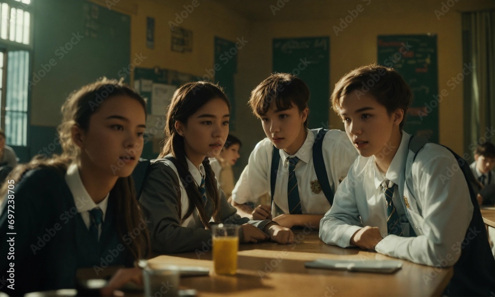 Two high school students in school uniforms engaged in a fight and ...