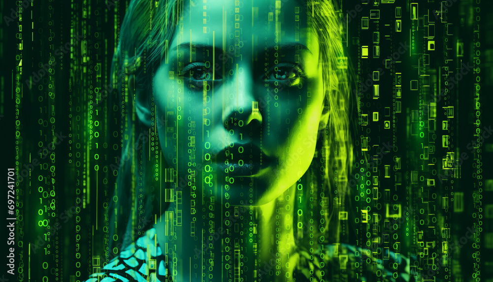 Female face against binary code. Human looking at camera from matrix ...