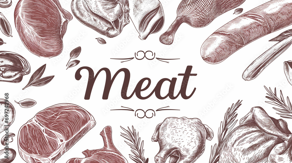 Meat products top view frame. Vector illustration. Engraved design ...