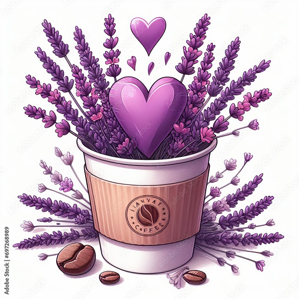 Paper cup of coffee with violet heart and lavender, hand draw ...