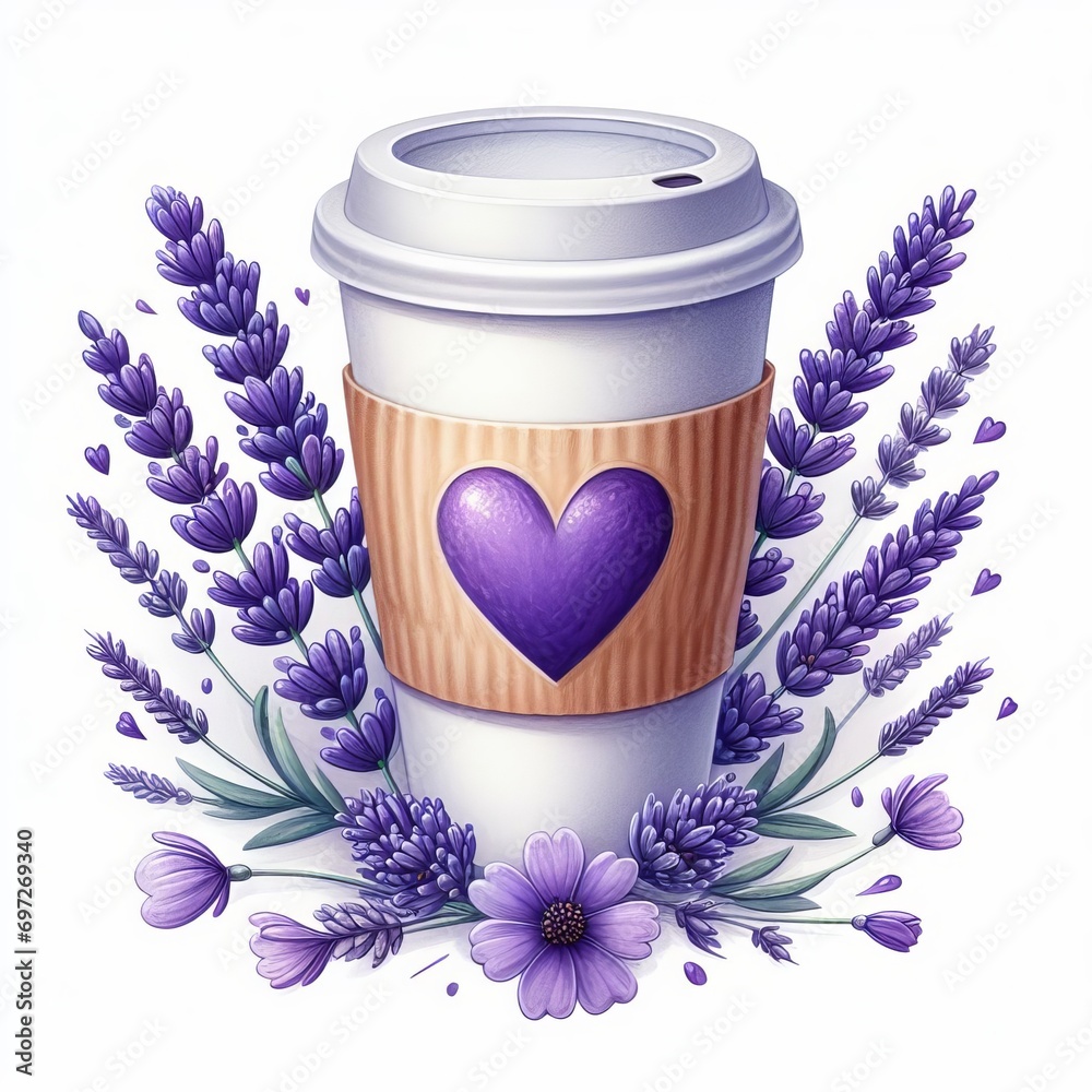 Paper Cup Of Coffee With Violet Heart And Lavender Hand Draw Illustration Clip Art On White