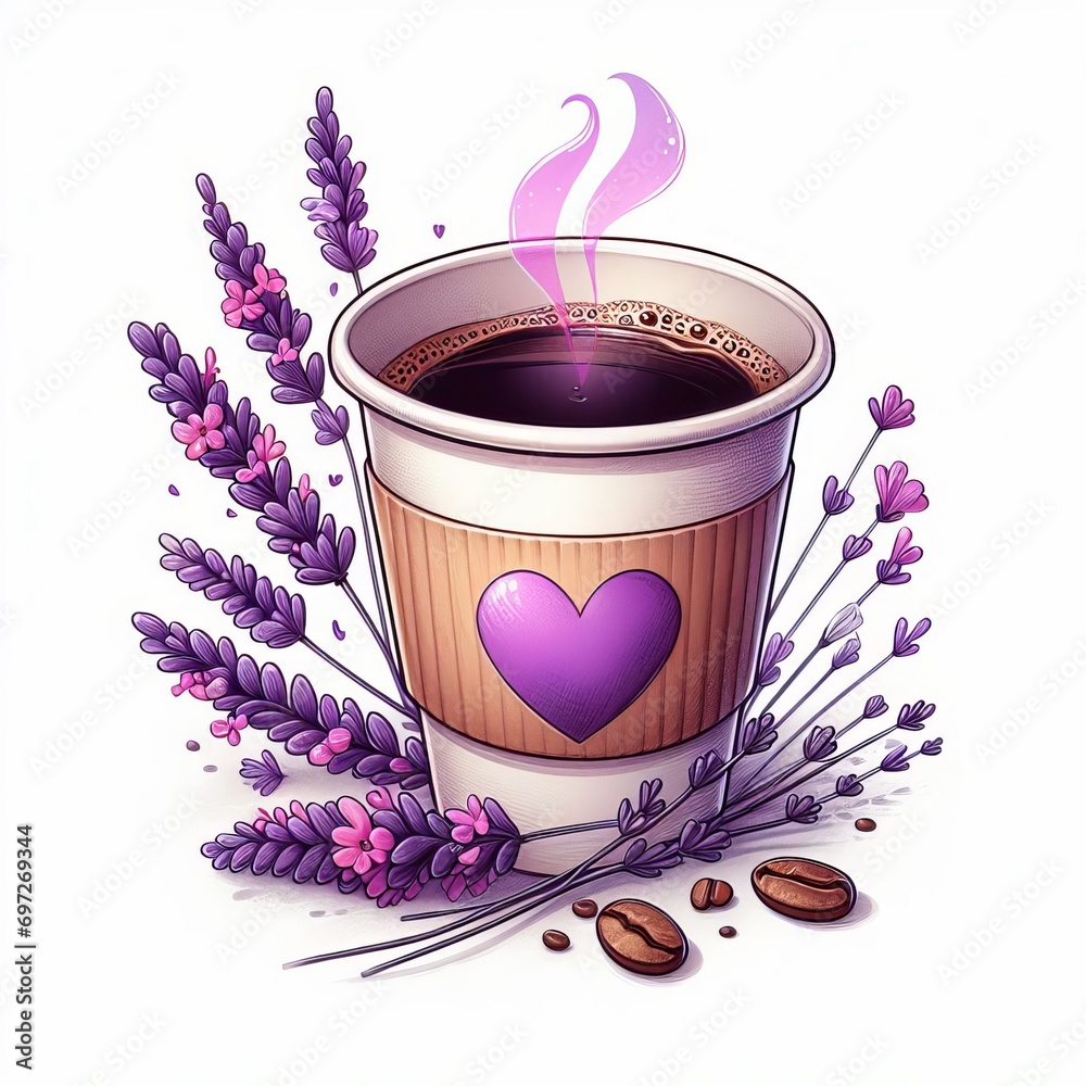 Paper cup of coffee with violet heart and lavender, hand draw ...