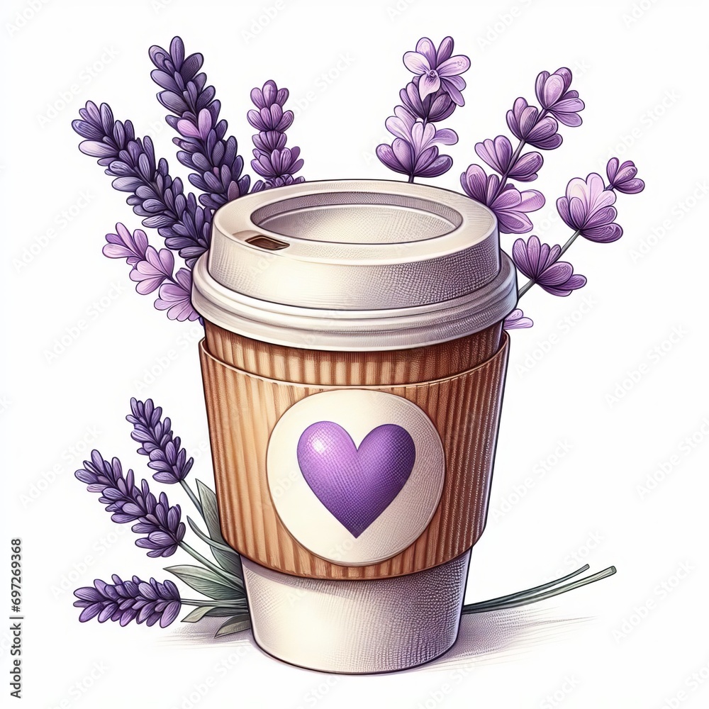 Paper cup of coffee with violet heart and lavender, hand draw ...