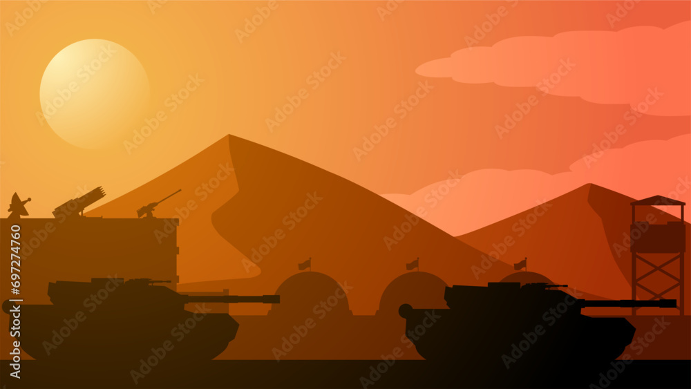 Military base landscape vector illustration. Silhouette of at military ...