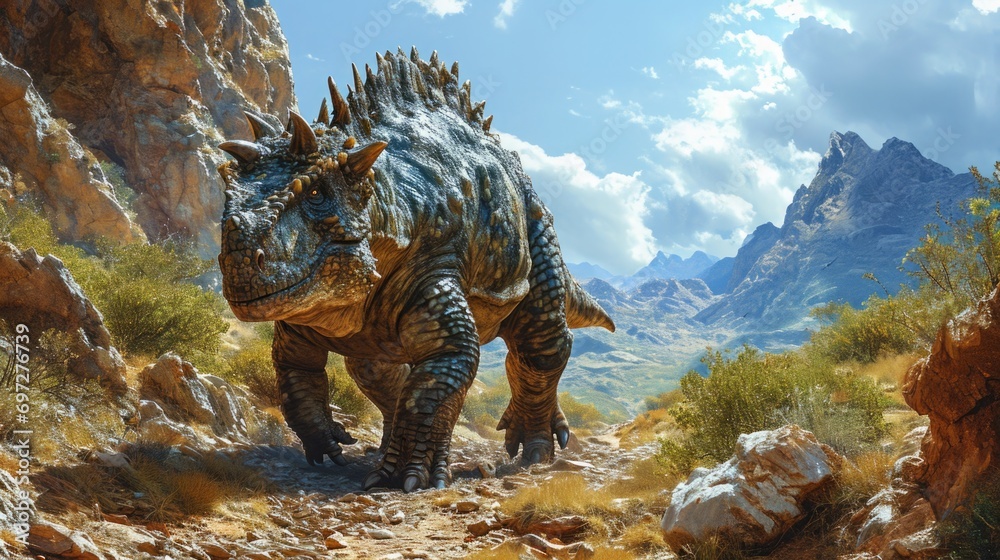 A lifelike image of an Ankylosaurus wandering through a sparse, dry ...