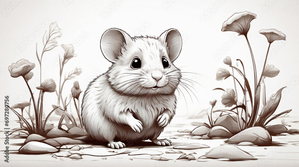 black and white outline art for kids coloring book page on a Vole ...