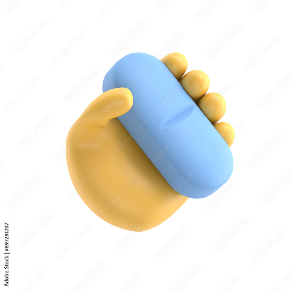 3d render. Doctor or pharmacist cartoon hand holds big blue pill ...