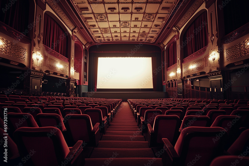 entire cinema hall from a wide-angle perspective, with rows of empty ...