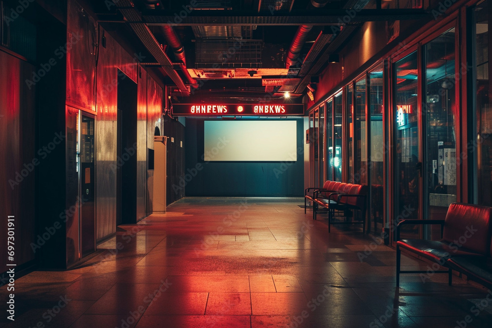 exit area of the cinema, with the blank screen reflecting on the glass ...