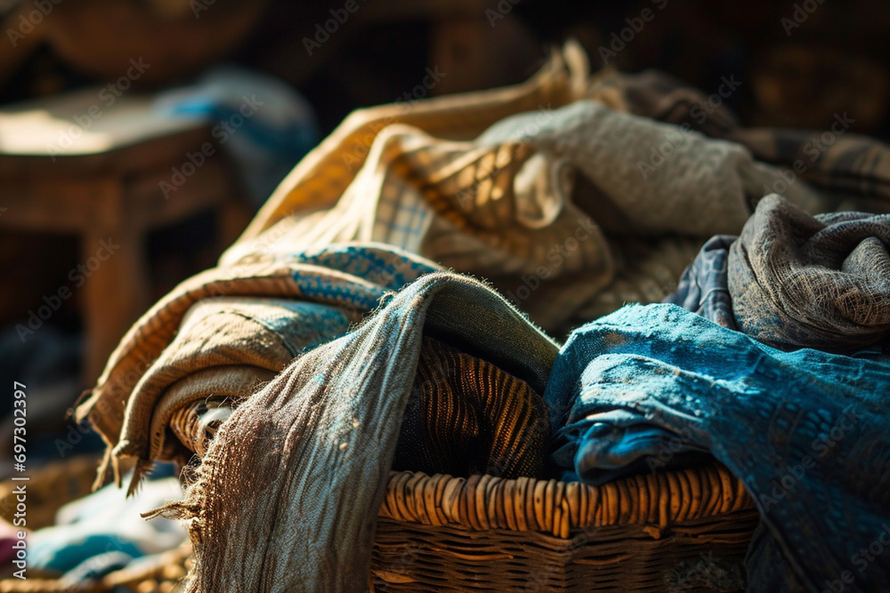 textures of different fabrics in the laundry basket by emphasizing ...