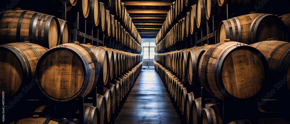 Rows of traditional full whisky barrels, set down to mature, in a large ...