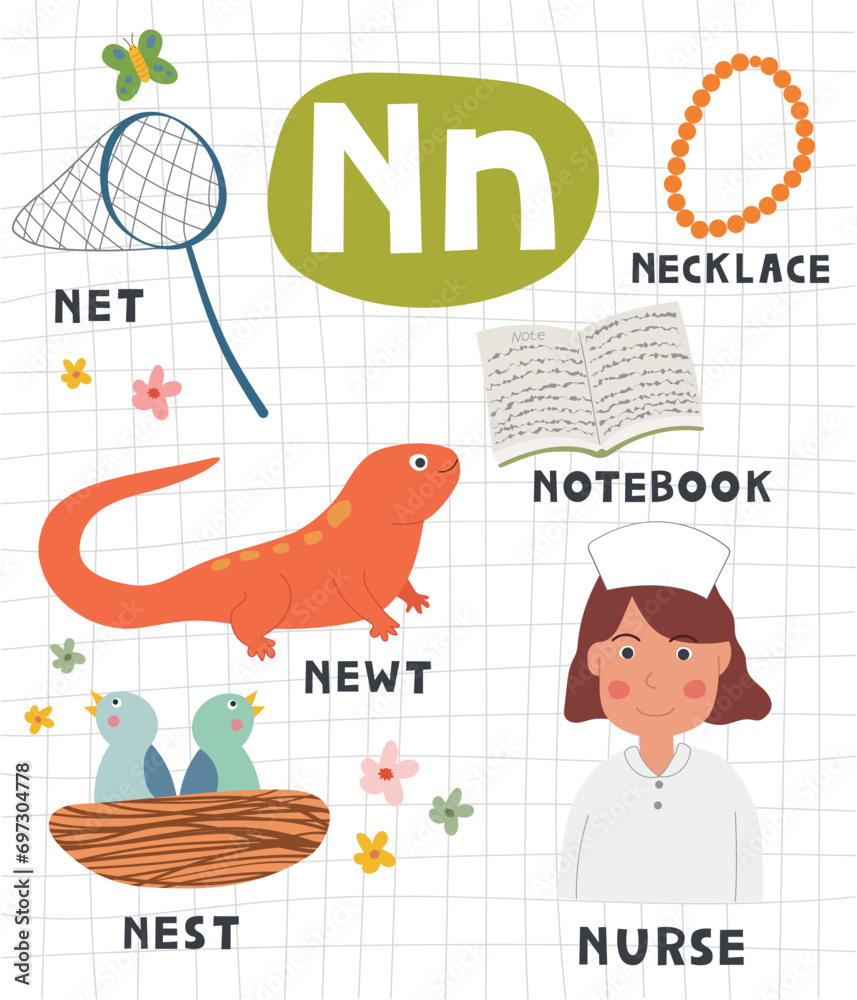 Alphabet letter N with cute object and animal illustration for children ...
