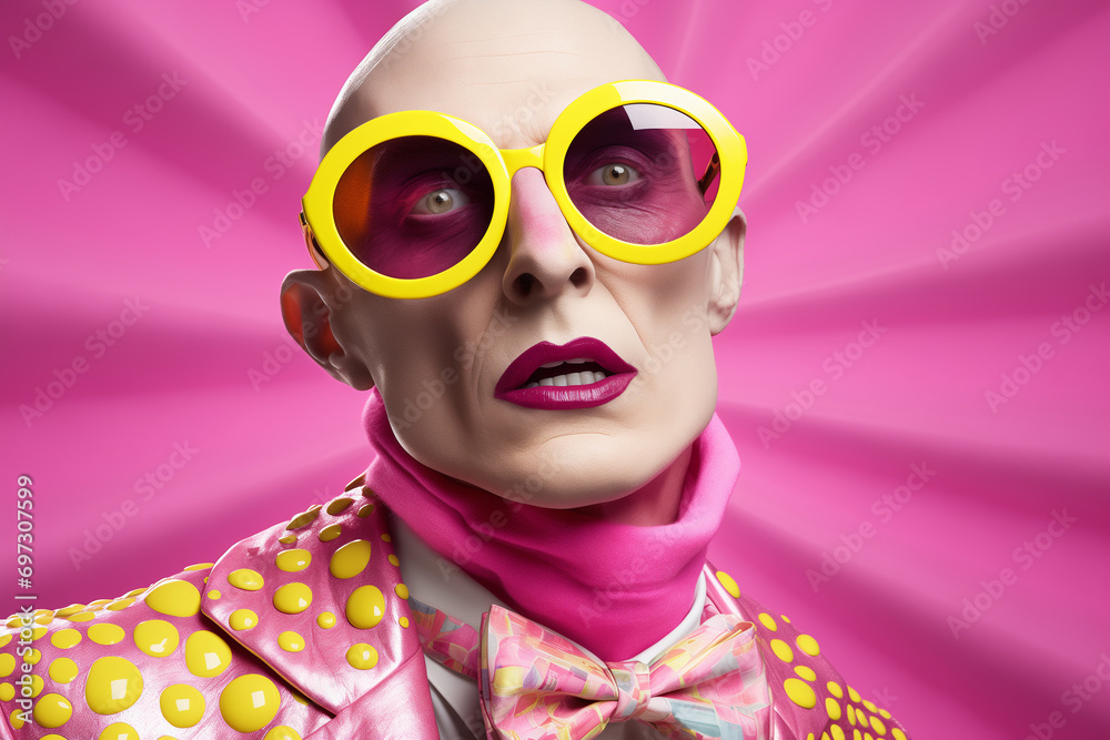 Older eccentric bald man in vibrant costume, wearing makeup, trendy ...