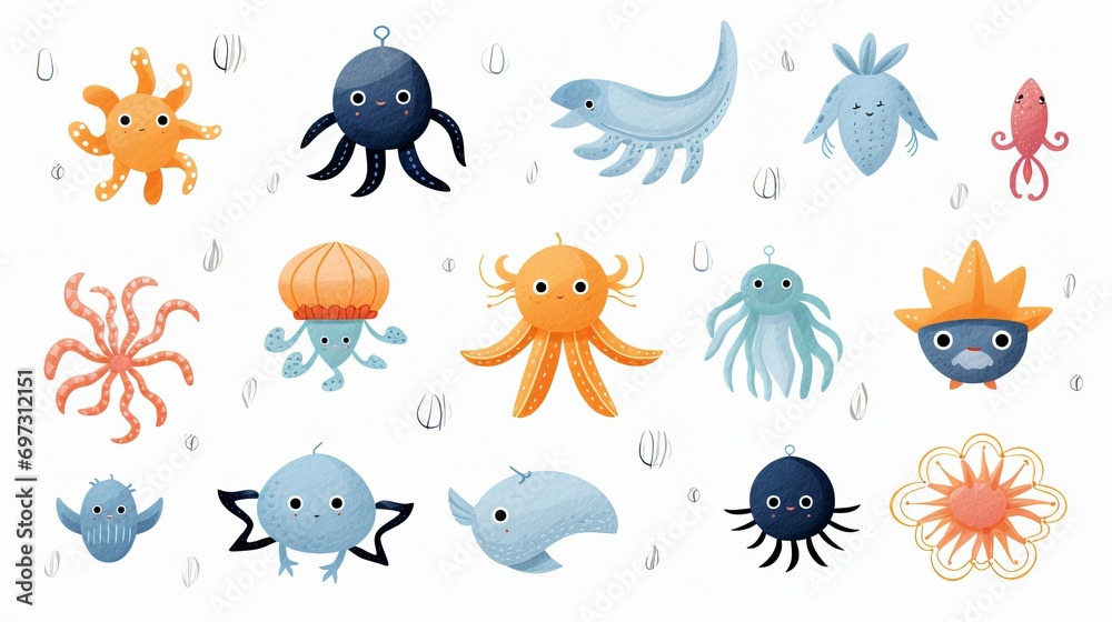 A charming assortment of cartoon sea creatures that live in the ocean ...