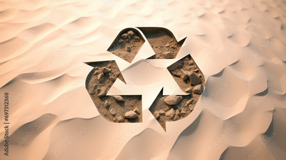 recycling symbol made of sand, a recycle sign on a sandy surface ...