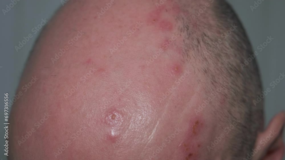 Man with painful shingles virus. Scabs and blisters on his face, head ...