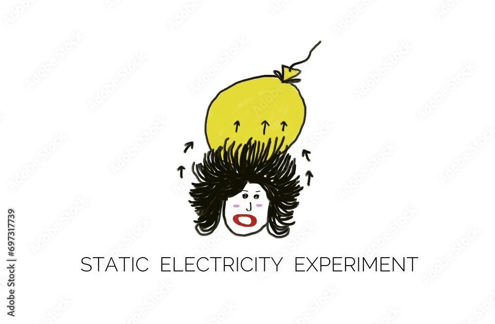 Static electricity experiment. Hand drawn picture of balloon on girl ...