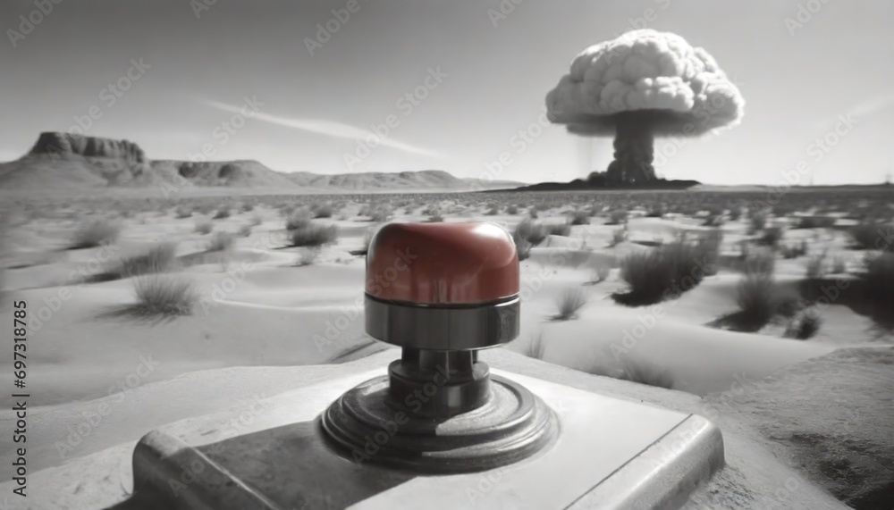 Fotka „Red Emergency Button in Desert with a Nuclear Explosion in ...