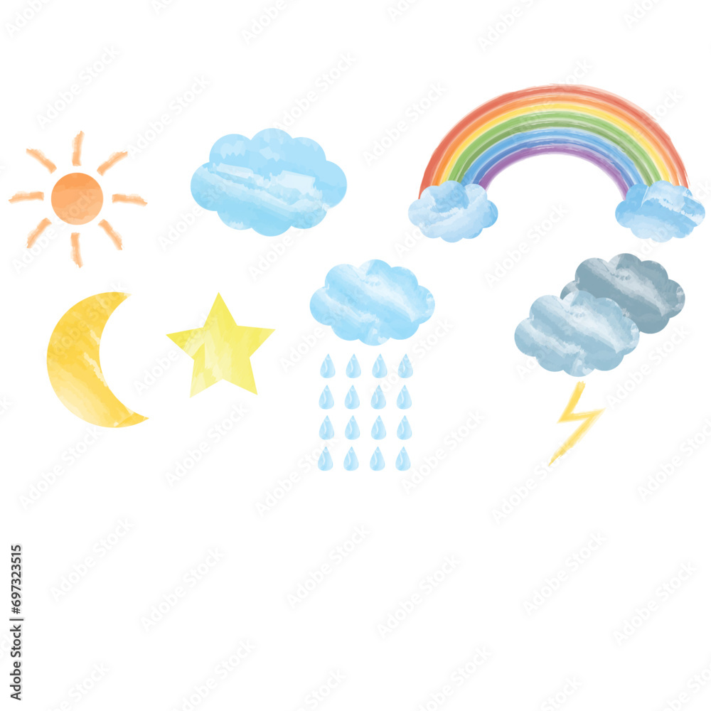 Vettoriale Stock Sun, rainbow, moon, rain, star and cloud.Set of ...