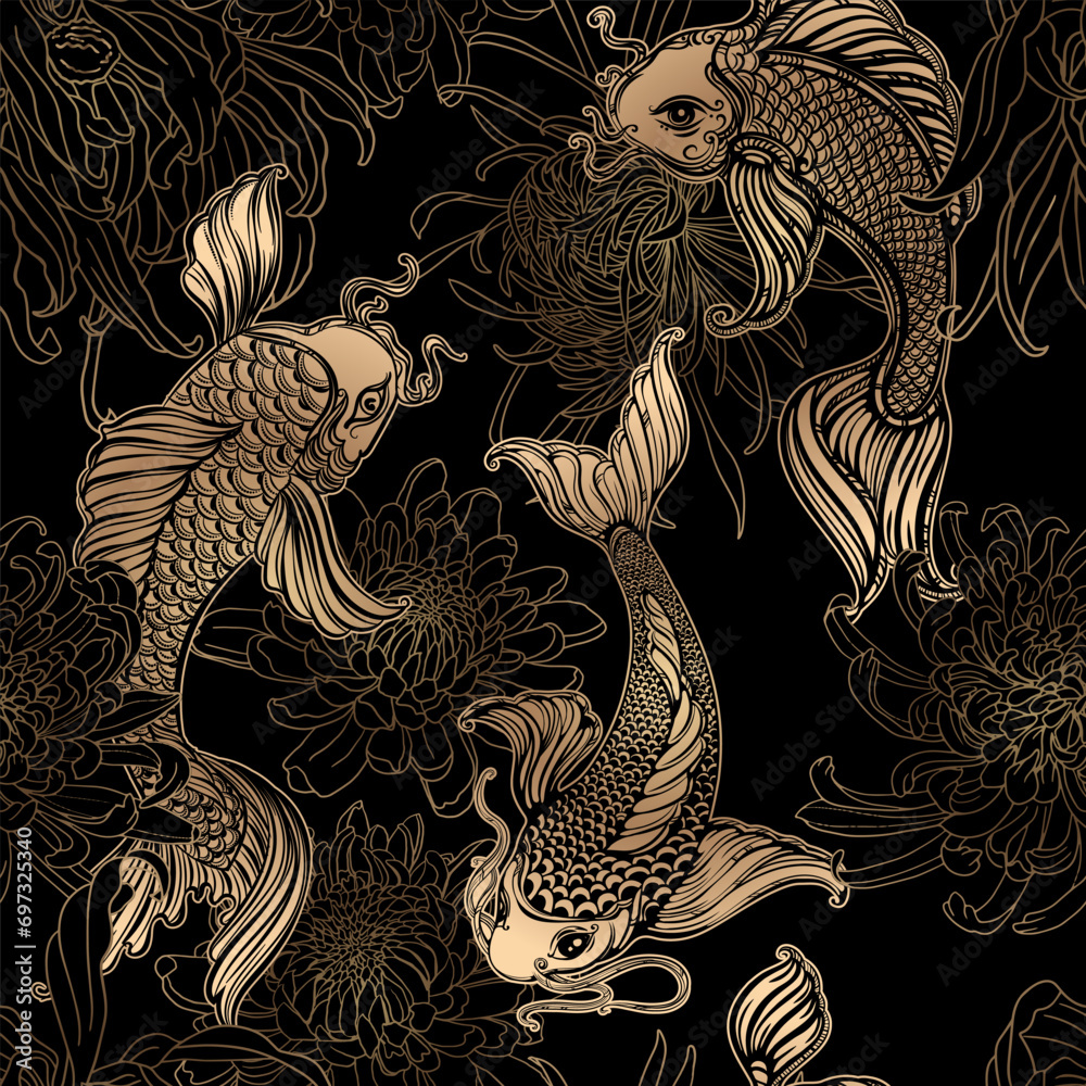 koi carp and chrysanthemums - seamless background. Asian spiritual ...