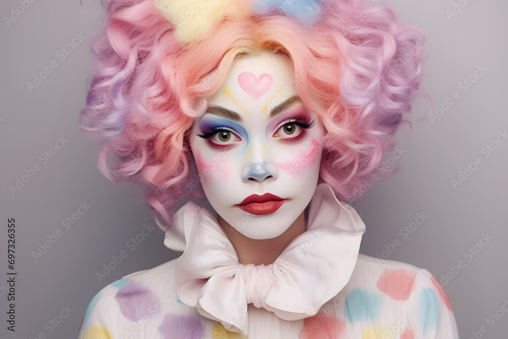 Pastel colored female clown. Woman dressed up in clown costume with ...