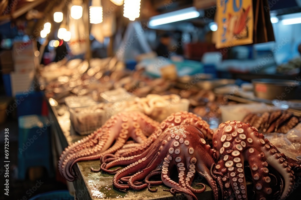 Octopus market stall, early in the morning a trader presents his ...